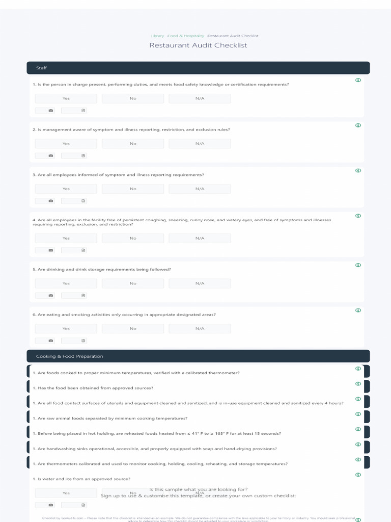 GoAudits - Restaurant Audit Checklist (Sample) | PDF
