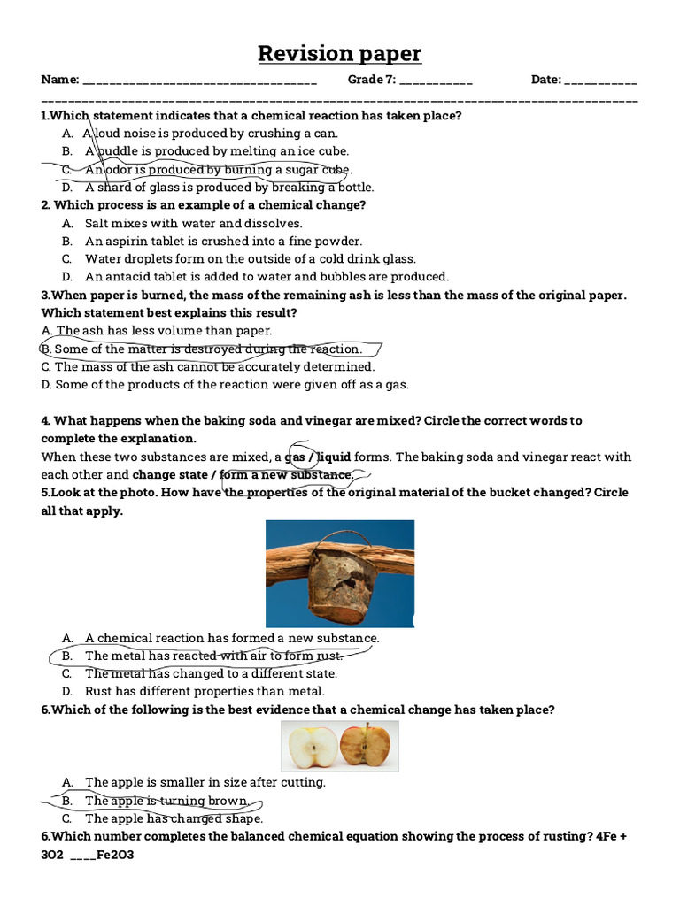 Grade 7 Chemical Reactions Revision Guide | PDF | Chemical Reactions ...