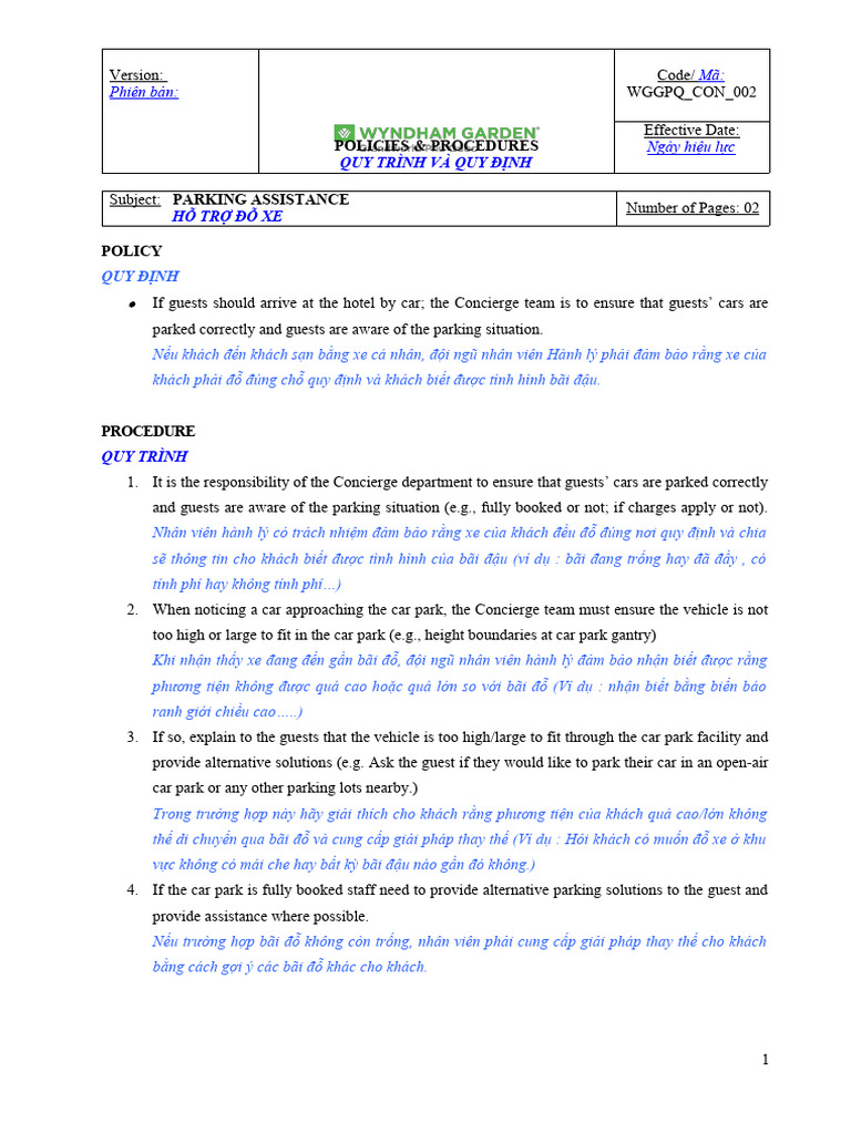 SOP - FO-CON 002 - Parking Assistance | PDF