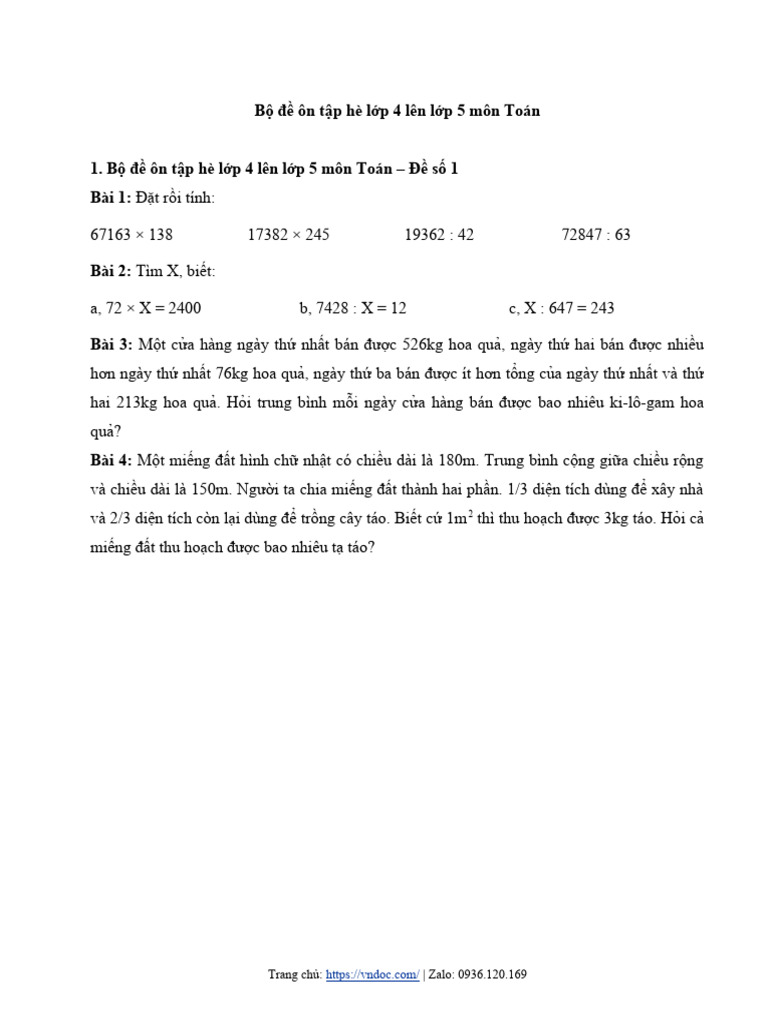 Bo de On Tap He Mon Toan Lop 4 Len Lop 5 Moi | PDF