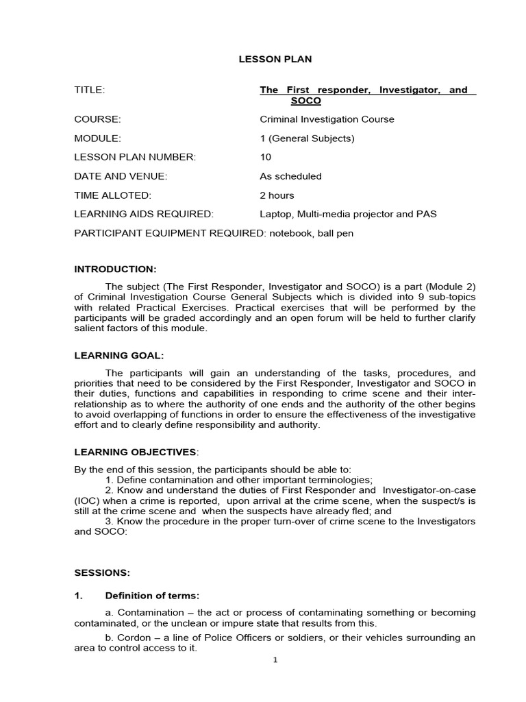 Lesson Plan The First Responder | PDF | Crime Scene | Crimes