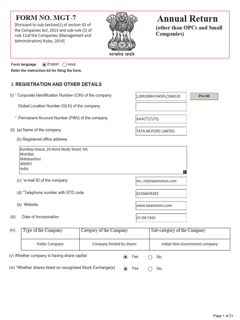 PDF Form MGT 7-Tml-2024 | PDF | Companies | Stock Market