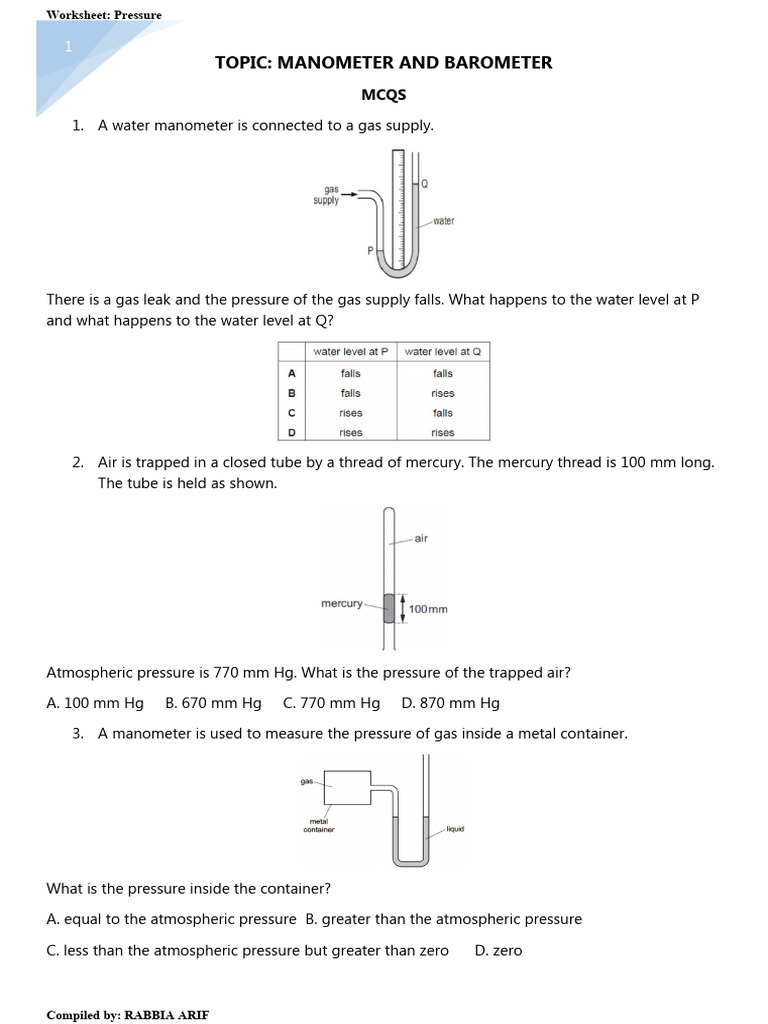 Manometer and Barometer Pressure Worksheet | PDF | Pressure | Pressure ...