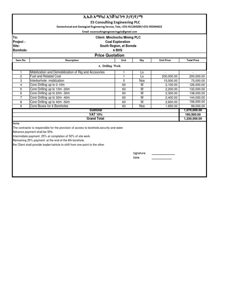 Coal Exploration Borehole Price Quotation | PDF | Borehole