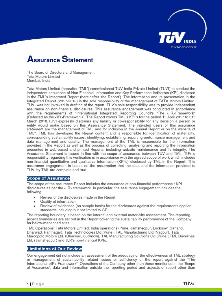 TML IR Assurance Statement 2018 | PDF | Business