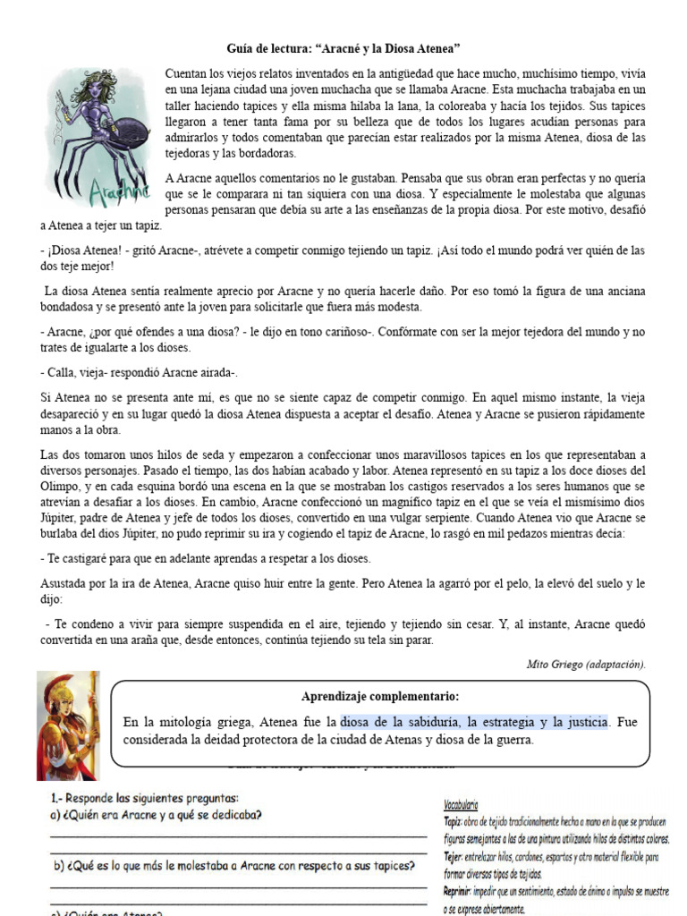 Aracné y La Diosa Atenea - 6° Narrativa | PDF | Atenea | Tapiz
