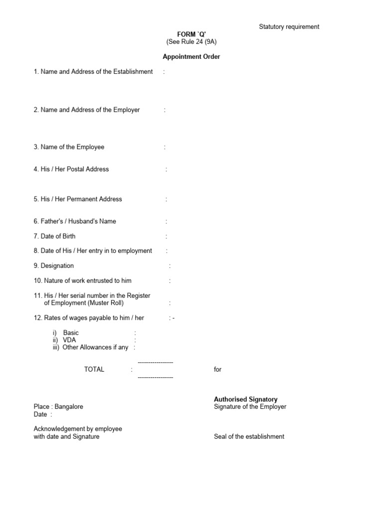 Form-Q - Appointment Order (Only For Bangalore Based Employees) | PDF