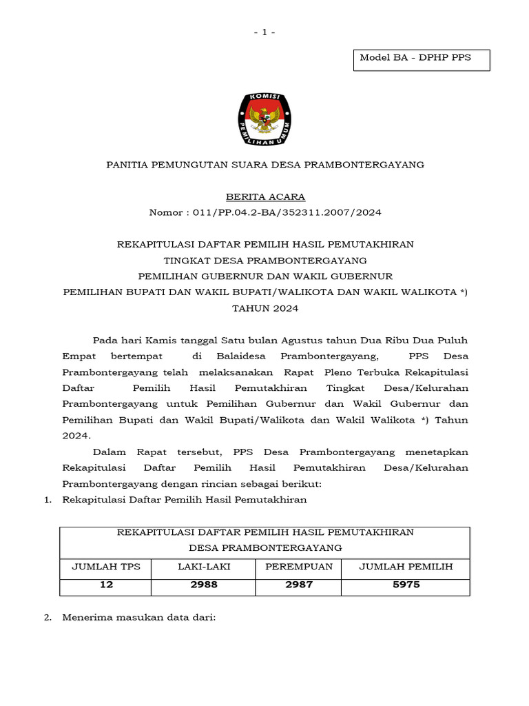 Rekapitulasi Pemilih Desa Prambontergayang 2024 | PDF