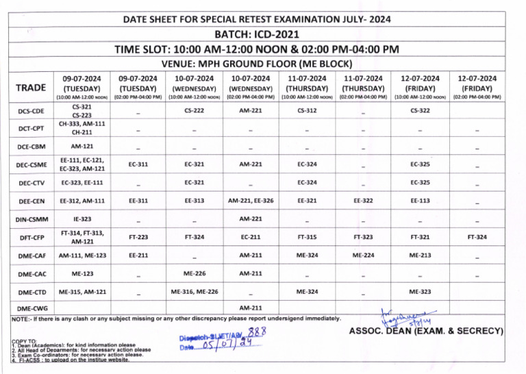 July 2024 Special Retest Exam Schedule | PDF