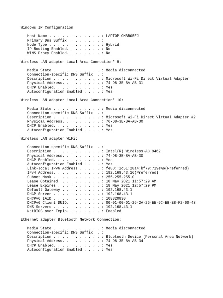 ipconfig.all | PDF | Computing | Computer Engineering