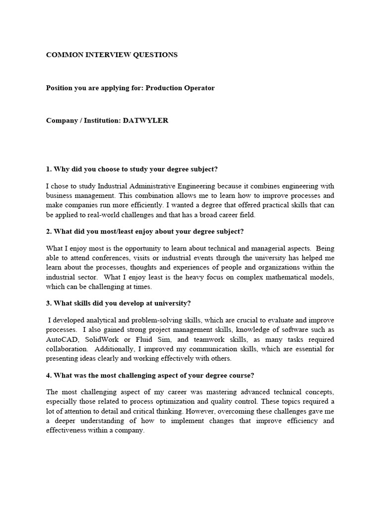 Common Interview Questions for Production Operator | PDF | Motivation ...