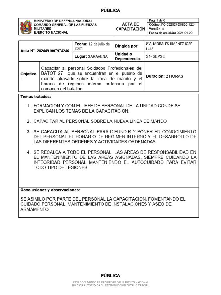 Acta de Capacitacion Linea de Mando y Regimen Interno | PDF | Militar | Conflictos
