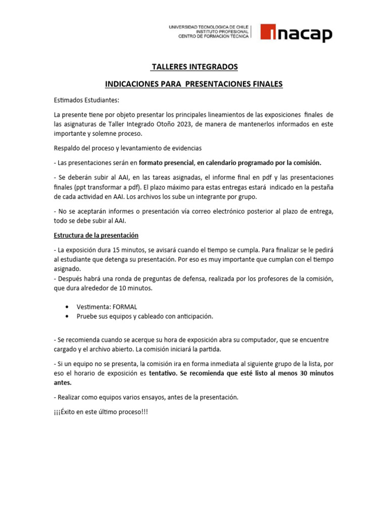 Indicaciones Exposiciones Finales PRESENCIAL O2023 | PDF