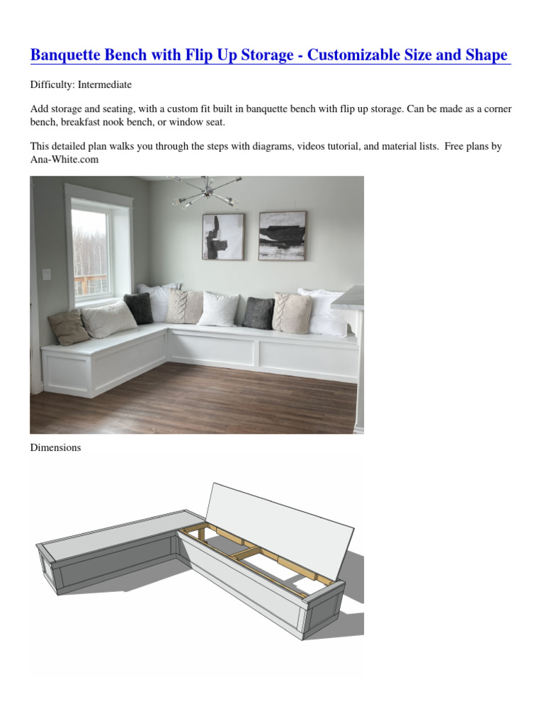 Banquette Bench With Flip Up Storage Customizable Size and Shape | PDF