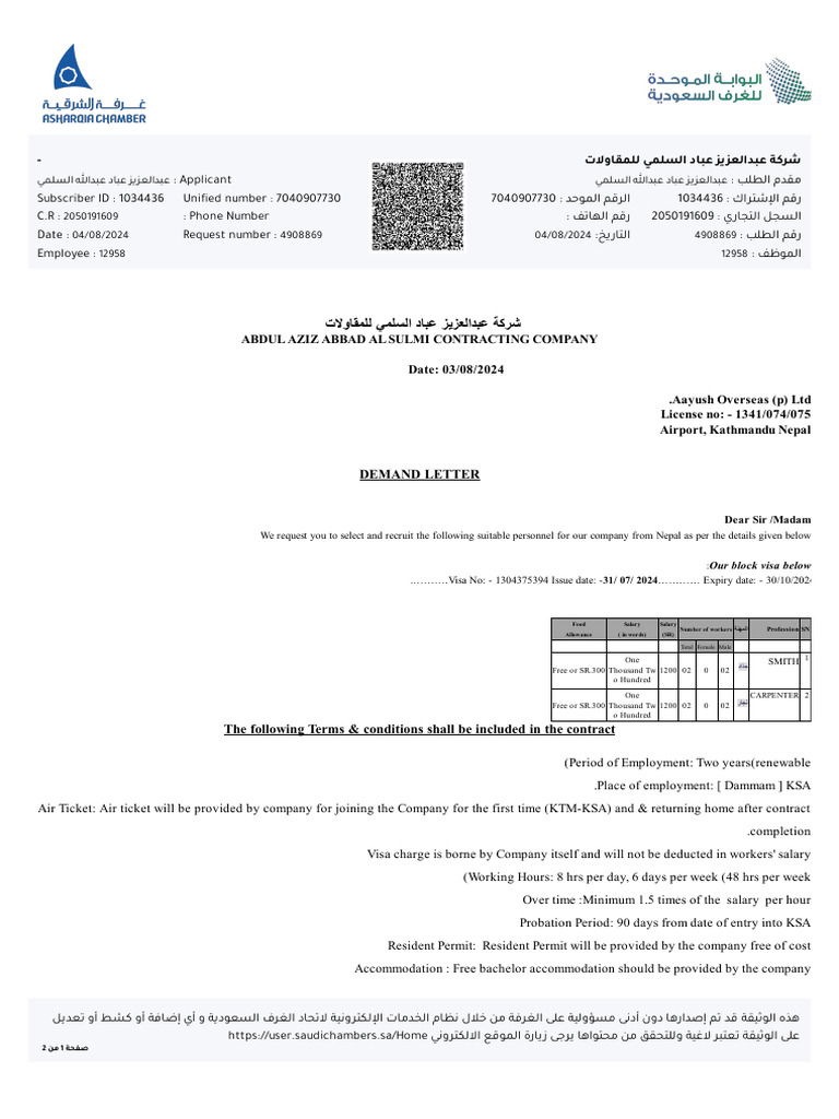 Demand Letter for Recruitment in KSA | PDF | Employee Relations | Labor ...