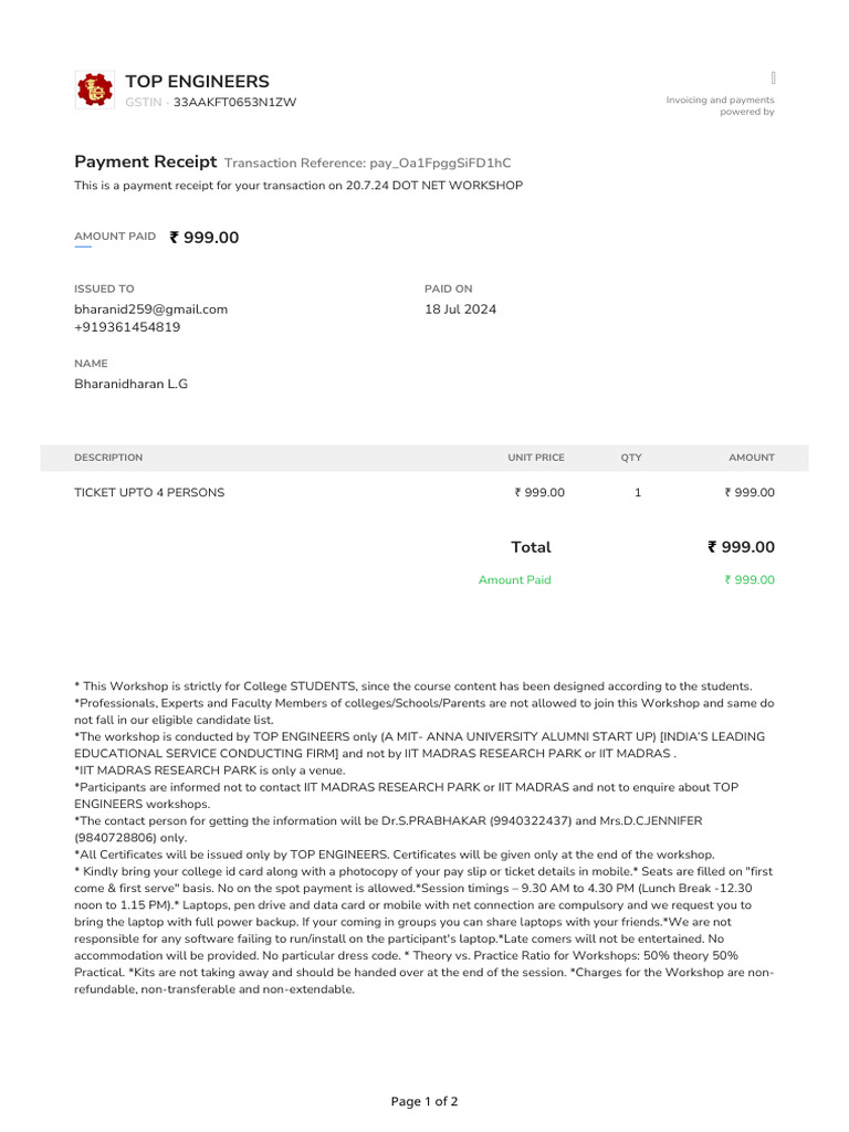 Receipt Pay - Oa1FpggSiFD1hC From TOP ENGINEERS (Paid) | PDF | Receipt ...