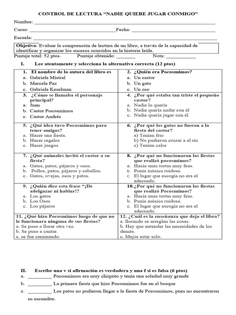 CONTROL DE LECTURA Nadie quiere jugar conmigo | PDF