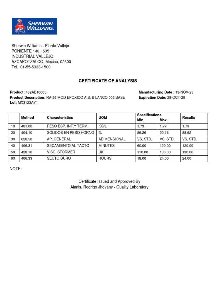 Gelatina Ocre Analysis Certificate | PDF