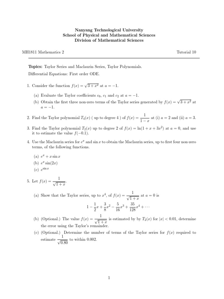MH1811 Tutorial 10 - SS - 2020 - Taylor - Series | PDF | Polynomial ...