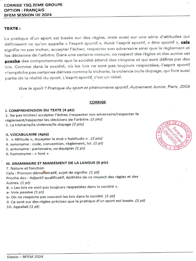 Corrige TSQ 2 Francais - 240729 - 110945 | PDF