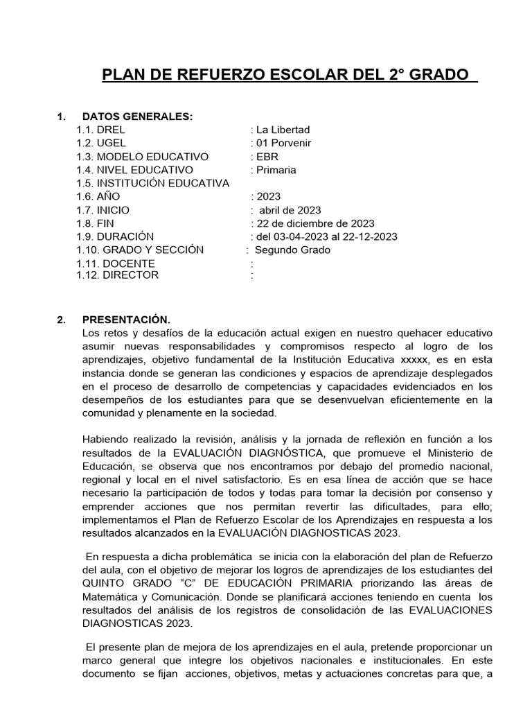 PLAN DE REFUERZO ESCOLAR DEL 3ro GRADO | PDF | Evaluación | Enseñando