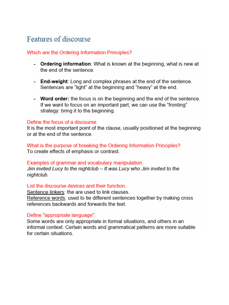 Discourse Features and Principles | PDF | Foreign Language Studies