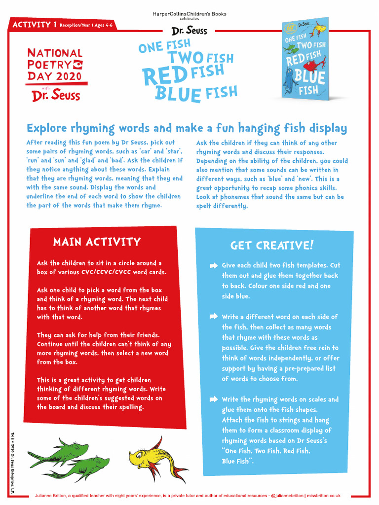 National Poetry Day Teacher Activity - One Fish Two Fish | PDF