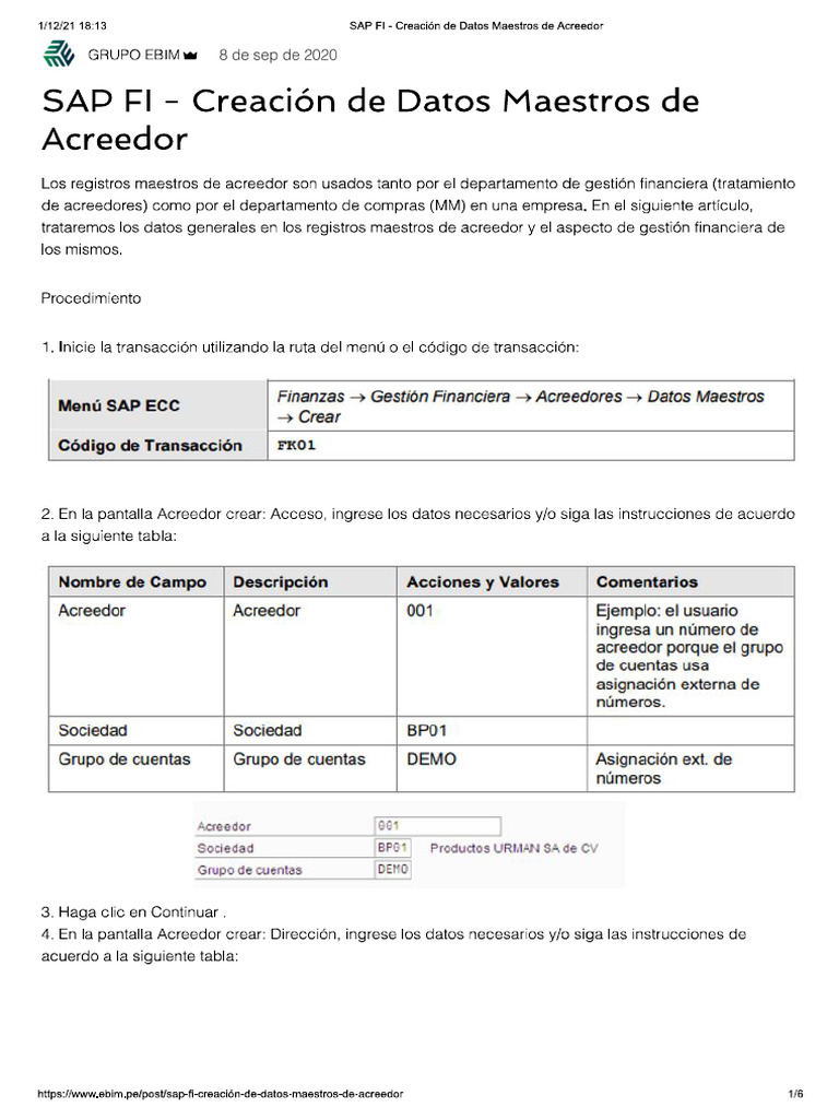 SAP FI - Creación de Datos Maestros de Acreedor | PDF