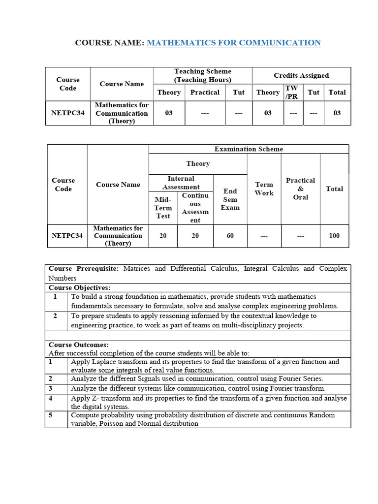 Mathematics for Communication Course Details | PDF | Laplace Transform ...