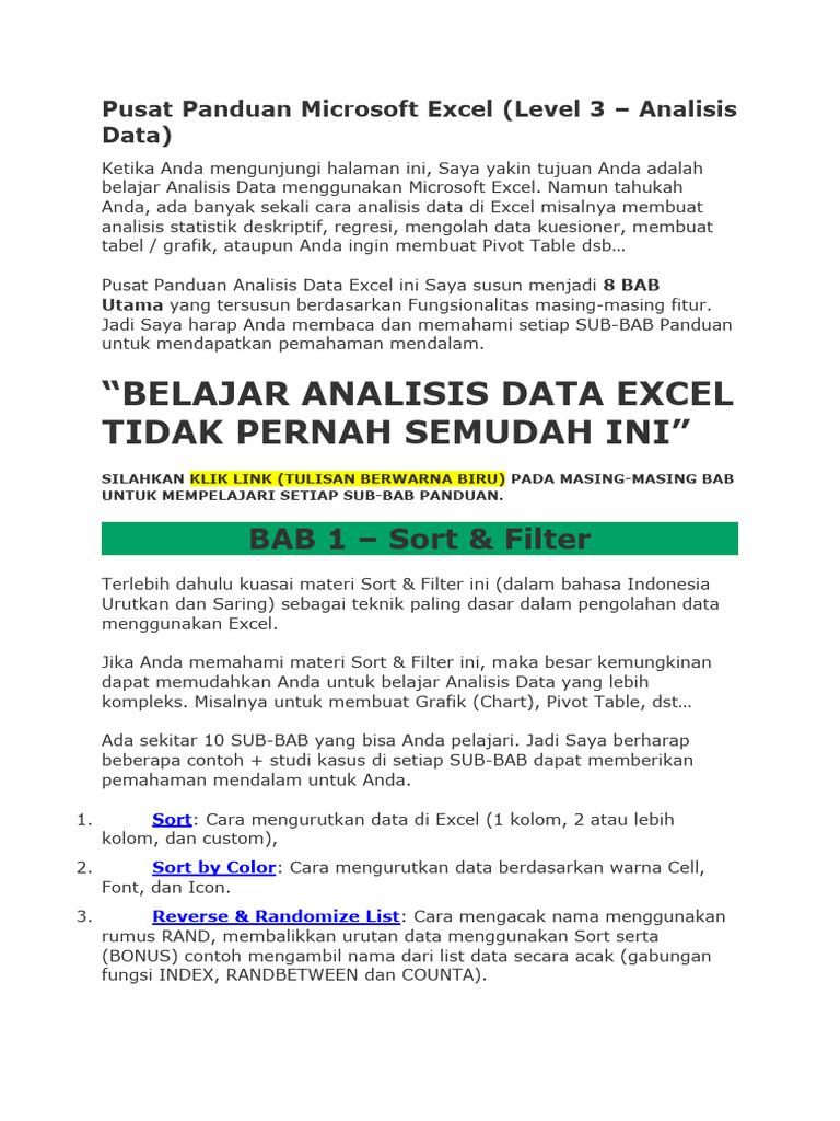 Pusat Panduan Microsoft Excel (Level 3 - Analisis Data) | PDF