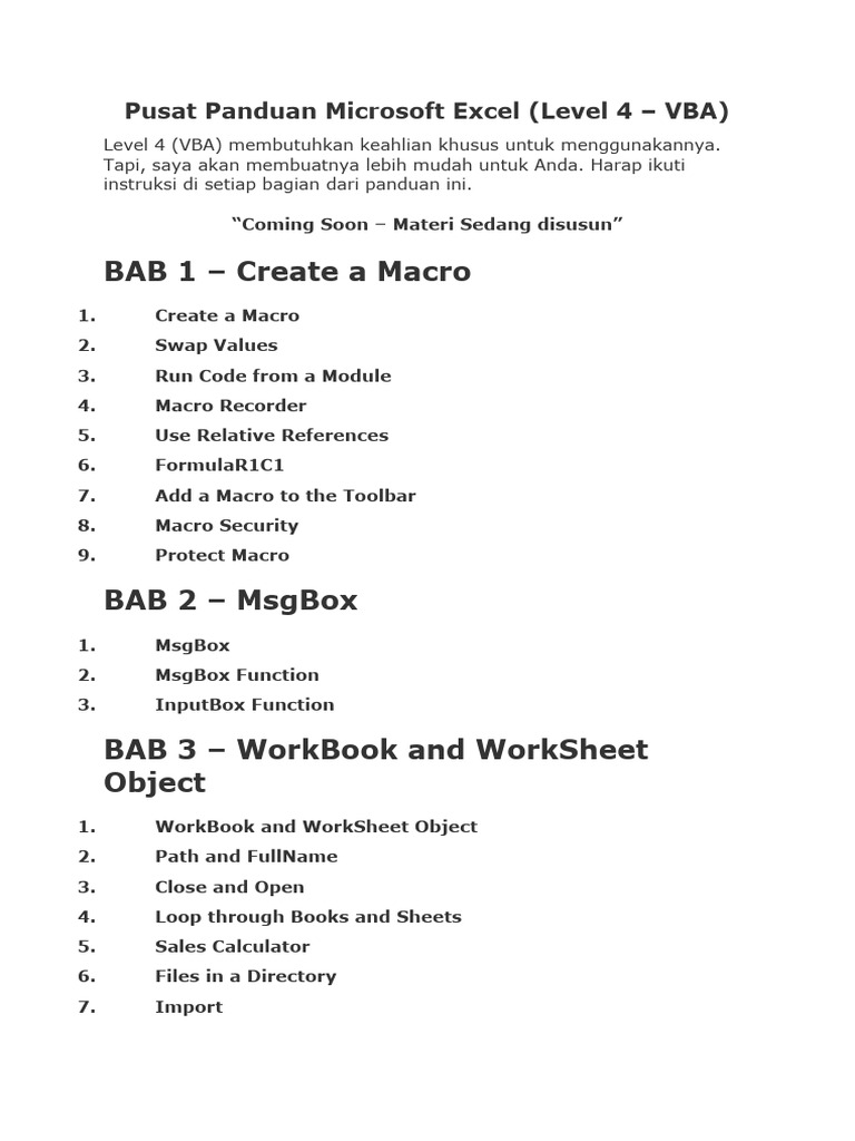 Pusat Panduan Microsoft Excel (Level 4 – VBA) | PDF | Microsoft Excel ... Pusat Panduan Microsoft Excel (Level 4 – VBA) | PDF | Microsoft Excel ...