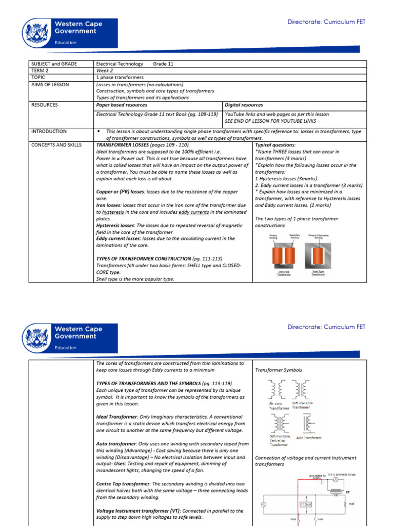 Grade 11 Single Phase Transformers LESSON 2 | PDF | Transformer | Equipment