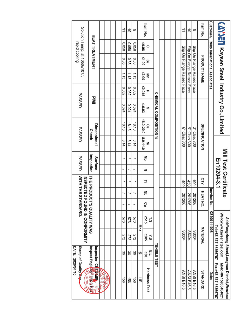 Mill Test Certificate EN10204 3.1 Kaysen 1753 | PDF