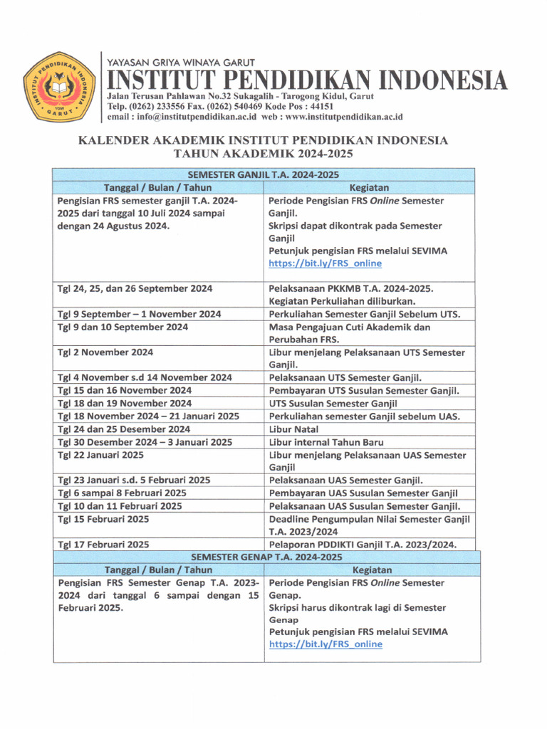 Kalender Akademik IPI Garut 2024 - 2025 | PDF