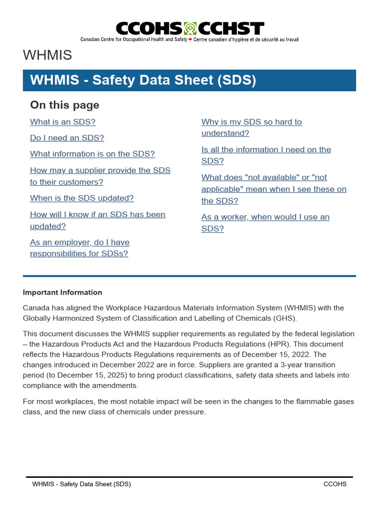 WHMIS - Safety Data Sheet (SDS) | PDF | Working Conditions | Workplace