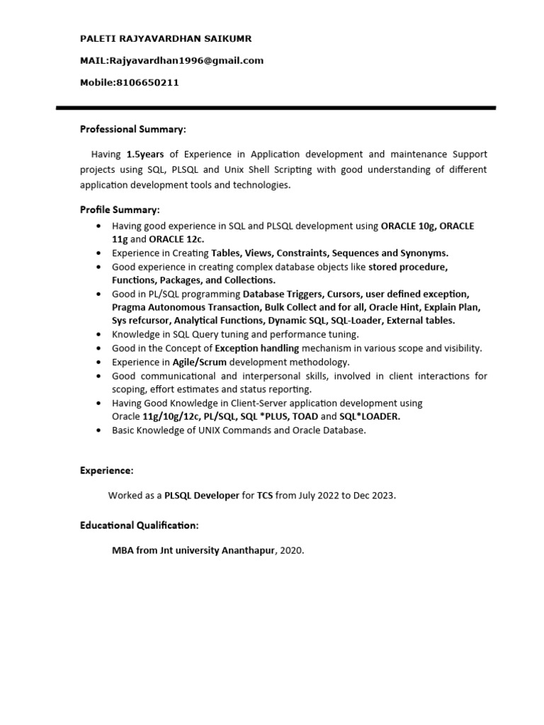 Rsaikumar Resume PLSQL | PDF | Pl/Sql | Sql