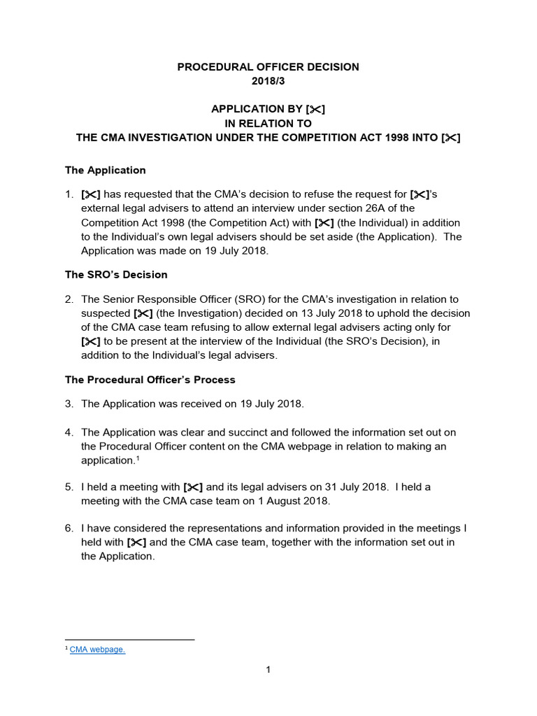 CMA Procedural Officer Decision 2018/3 | PDF | Complaint | Common Law