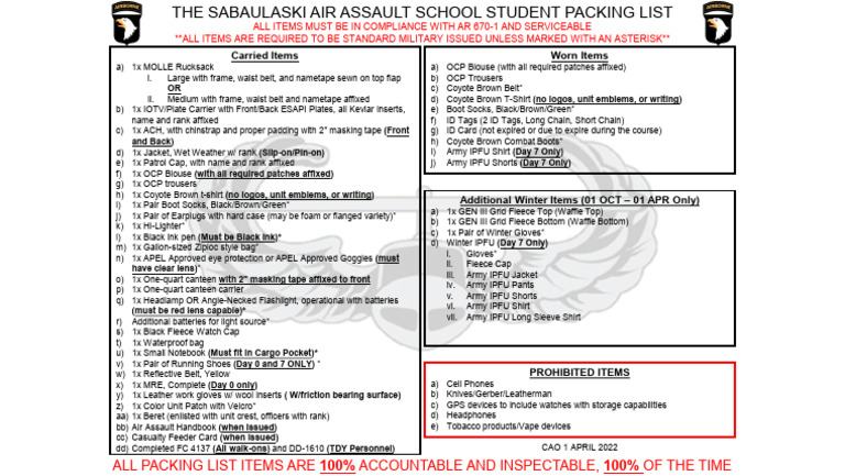 Packing List CAO 01APR2022 | PDF | Military Personal Equipment | Uniforms