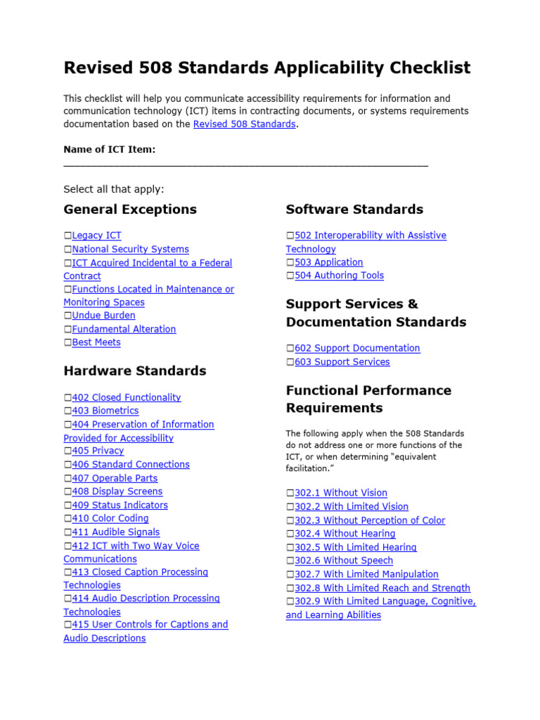 508 Standards Applicability Checklist | PDF | Information And ...