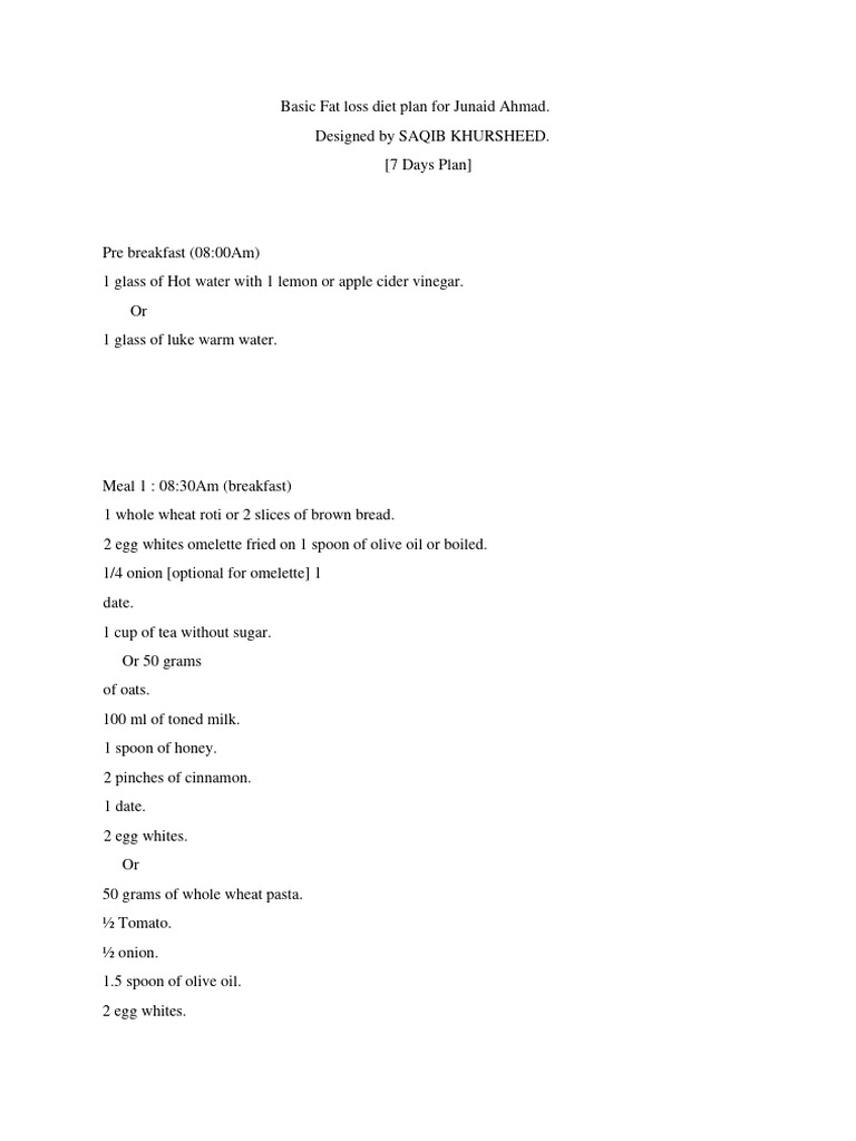 Basic Fat Loss Diet Plan For Junaid Ah | PDF | Cooking, Food & Wine