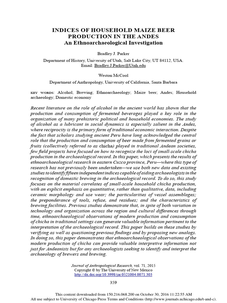 Indices of Household Maize Beer Production in The Andes | PDF | Inca ...