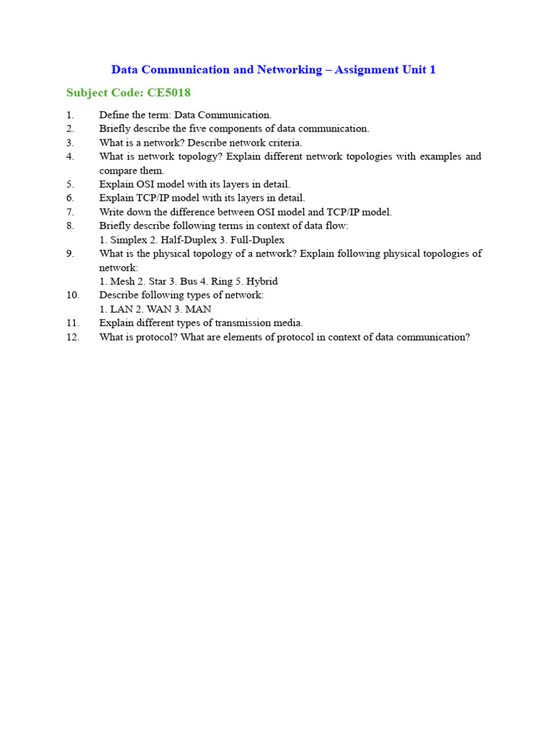 DCN Assignment (Data Communication and Network) | PDF | Technology & Engineering
