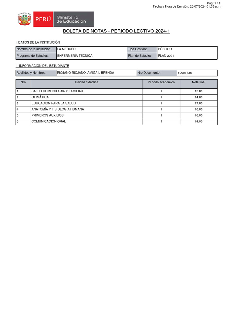 Boleta de Notas - Periodo Lectivo 2024-1 | PDF