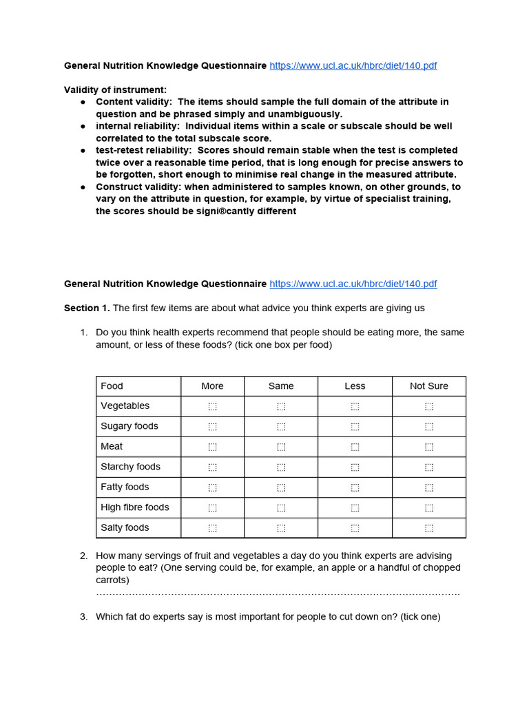 Nutrition Knowledge Questionnaire - UCL | PDF | Fat | Foods