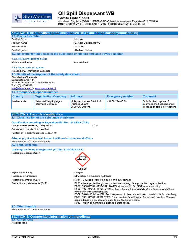 MSDS - Oil Spill Dispersant WB - English | PDF | Chemistry ...