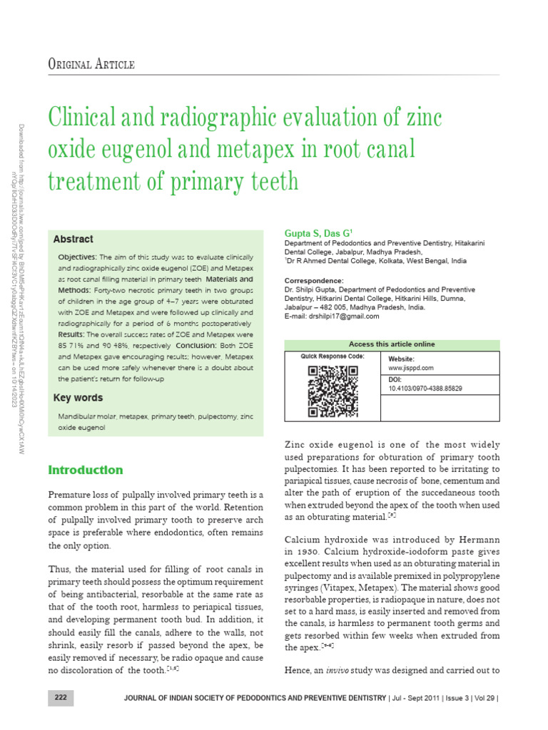 Gupta 2011. Clinical and Radiographic Evaluation of Zinc Oxide Eugenol ...