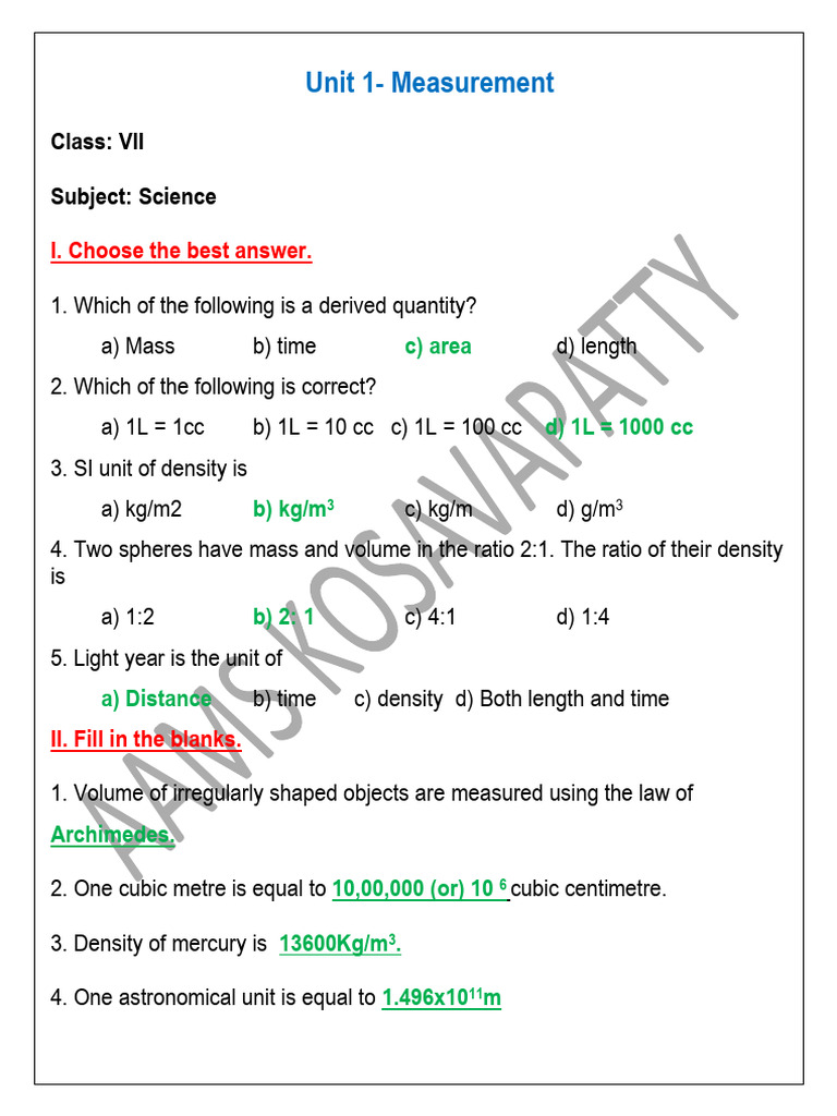 7 Sci Unit - 1 | PDF | Density | Volume