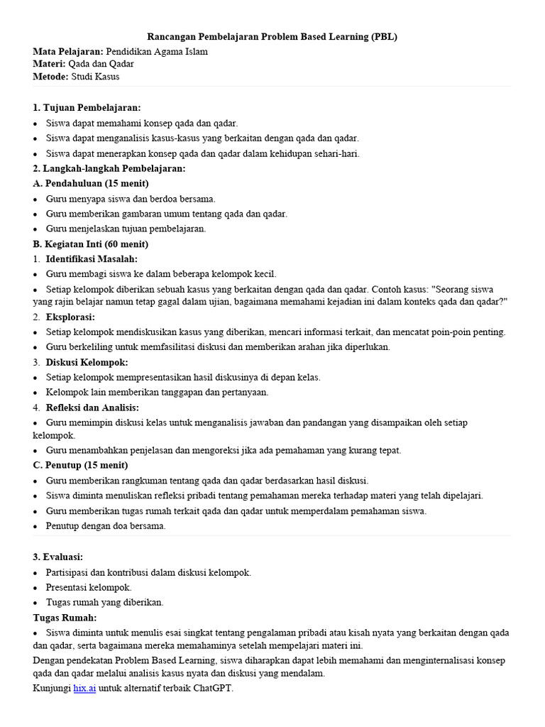 Contoh Pembelajaran Dengan PBL Metode Studi Kasus Pada Materi Qada Dan Qadar | PDF | Karier ...