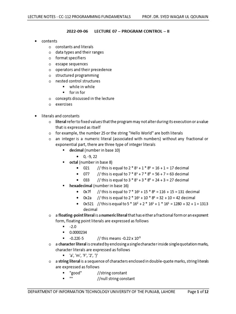 2022-09-06 Lecture 07 - Program Control - Ii | PDF | Integer (Computer ... 2022-09-06 Lecture 07 - Program Control - Ii | PDF | Integer (Computer ...