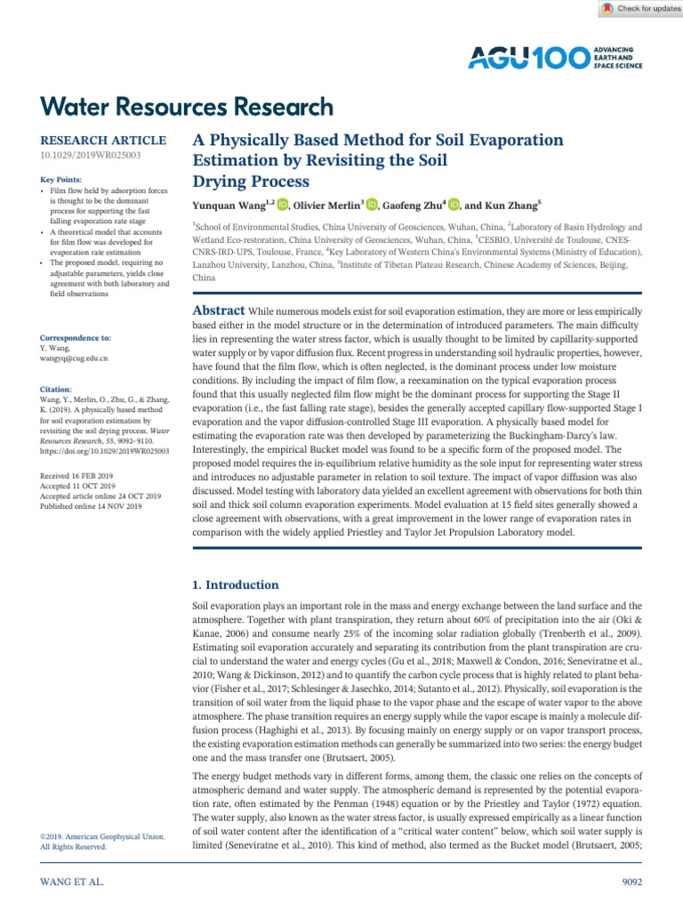 Water Resources Research - 2019 - Wang - A Physically Based Method for ...